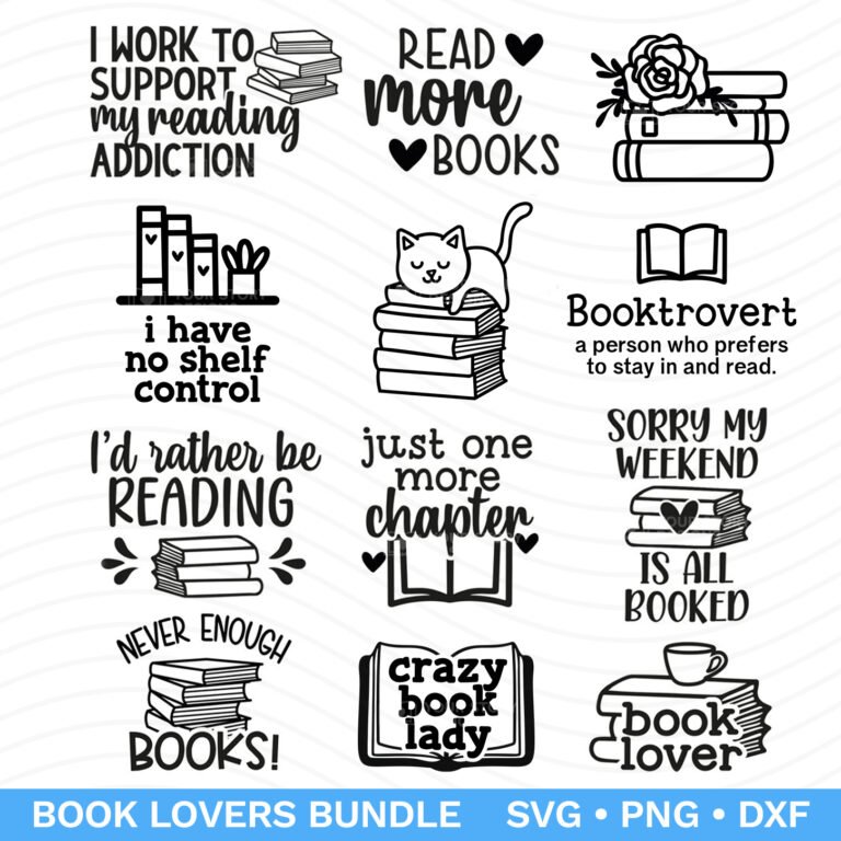 Book SVG Bundle, 12 Reading Cut files for Book Lovers